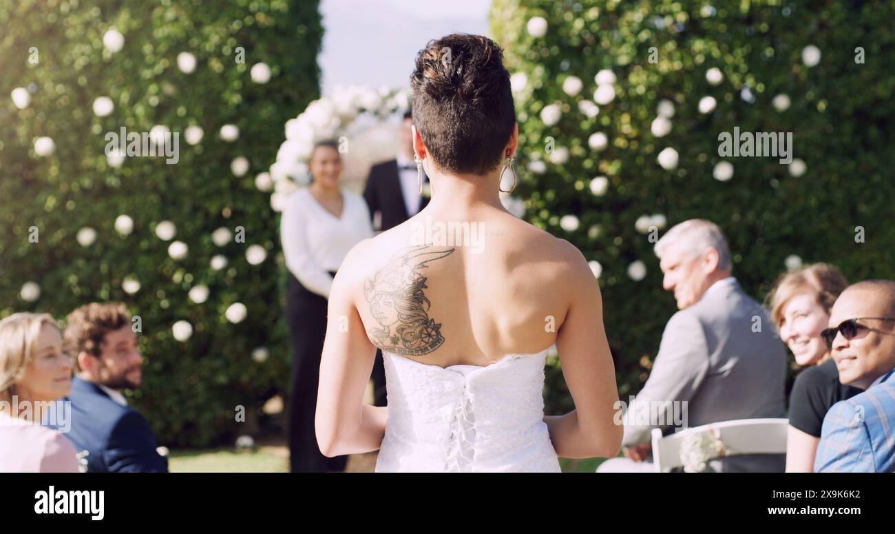 Bride, wedding and walking by aisle with marriage, commitment and love ...