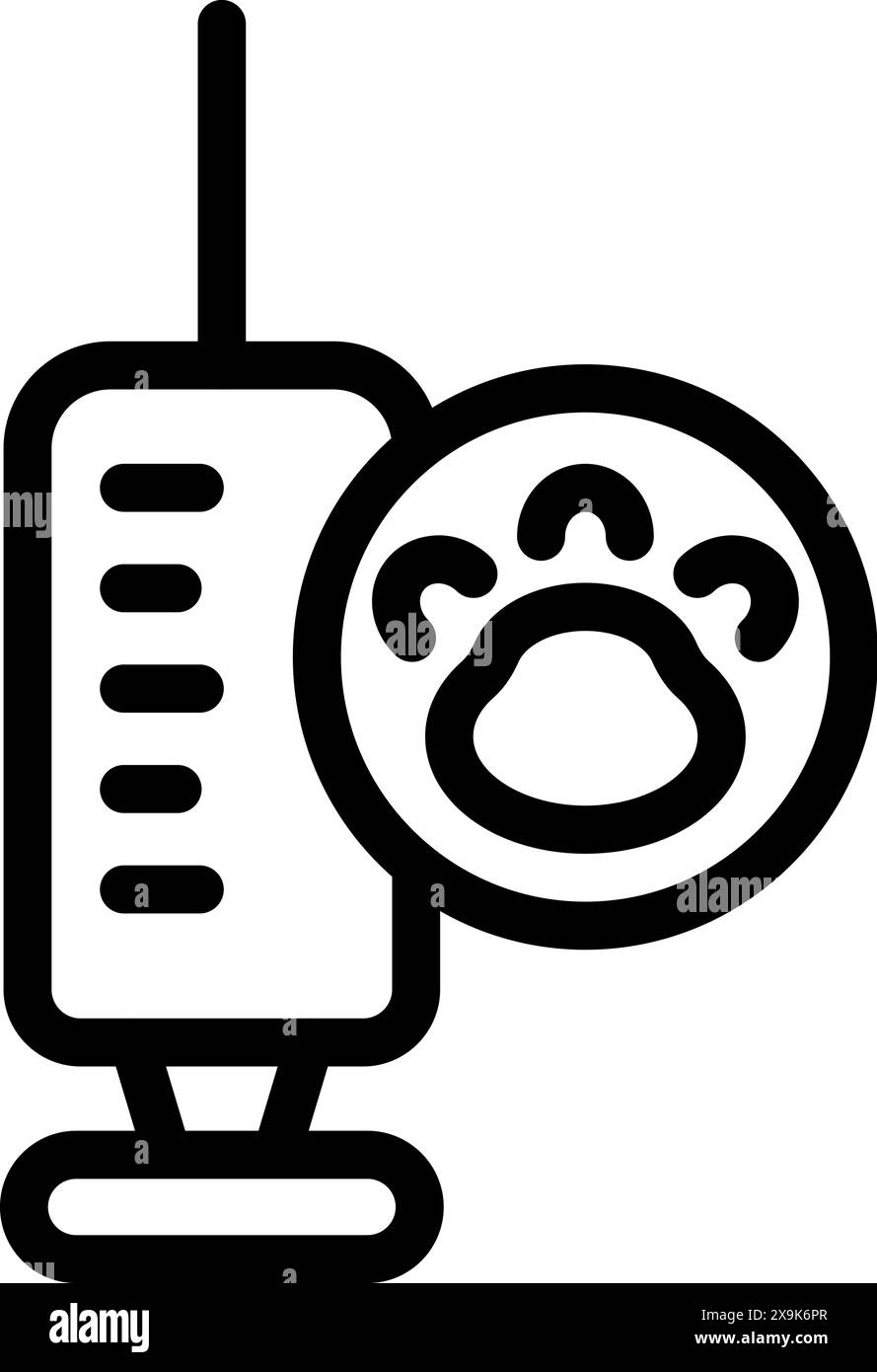 Black and white icon depicting a veterinary syringe alongside a paw ...