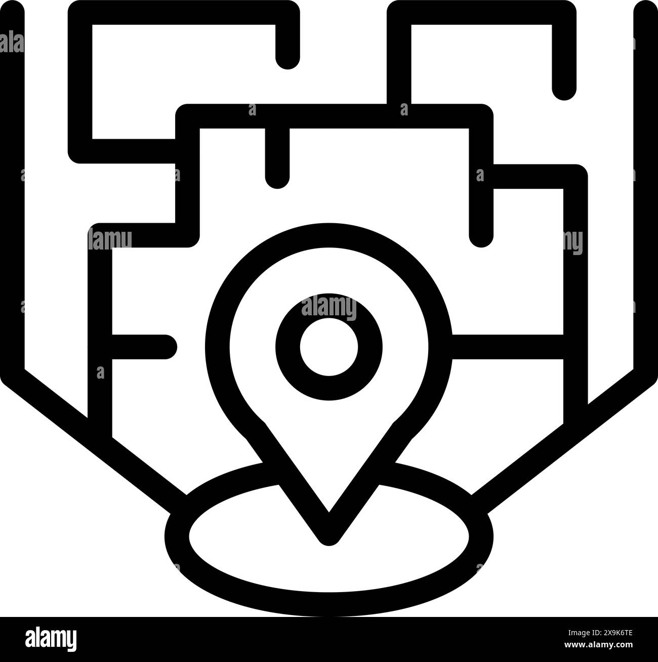 Monochrome icon featuring a location pin on a stylized digital map ...