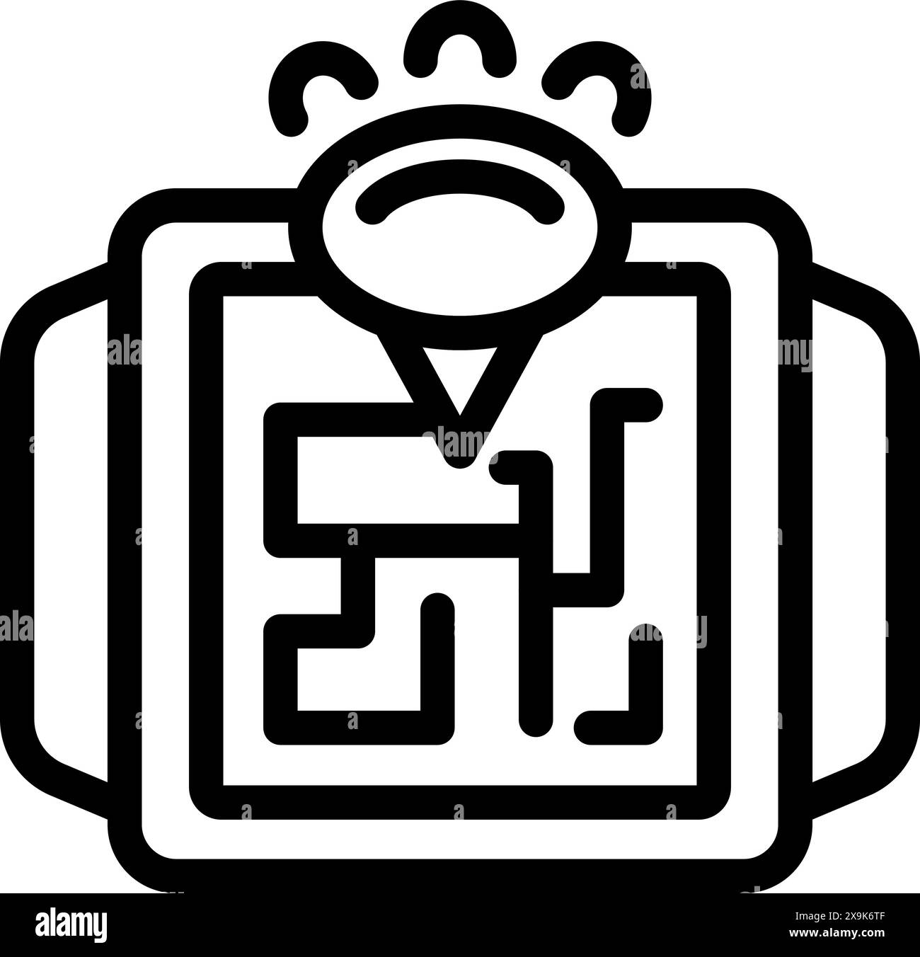 Black line art of a complex maze with a location pin at the center ...