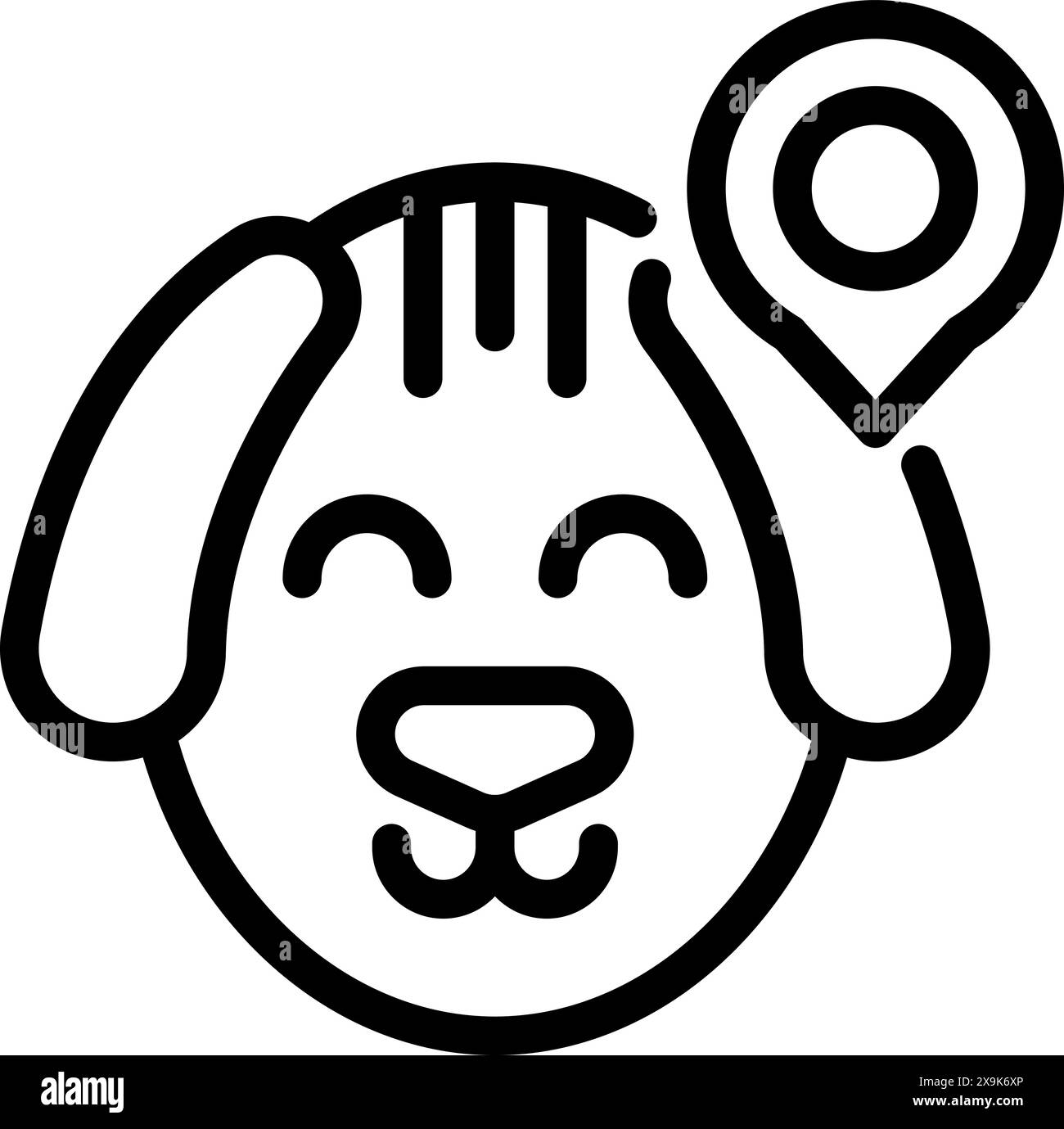 Black and white line art of a smiling dog face with a location pin ...