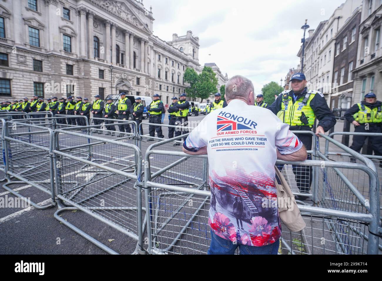 London, UK. 1 June 2024. Police set up barriers in Whitehall during a ...