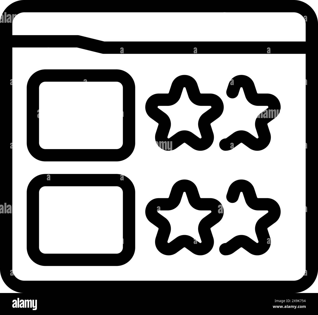 A black and white icon depicting a webpage layout with stars and square ...