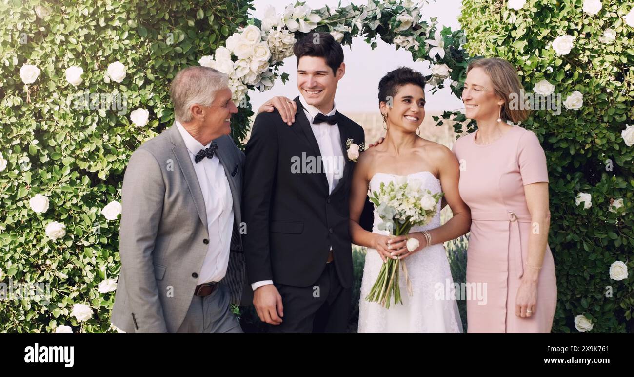 Couple, parents and wedding with flowers, smile and love for marriage ...