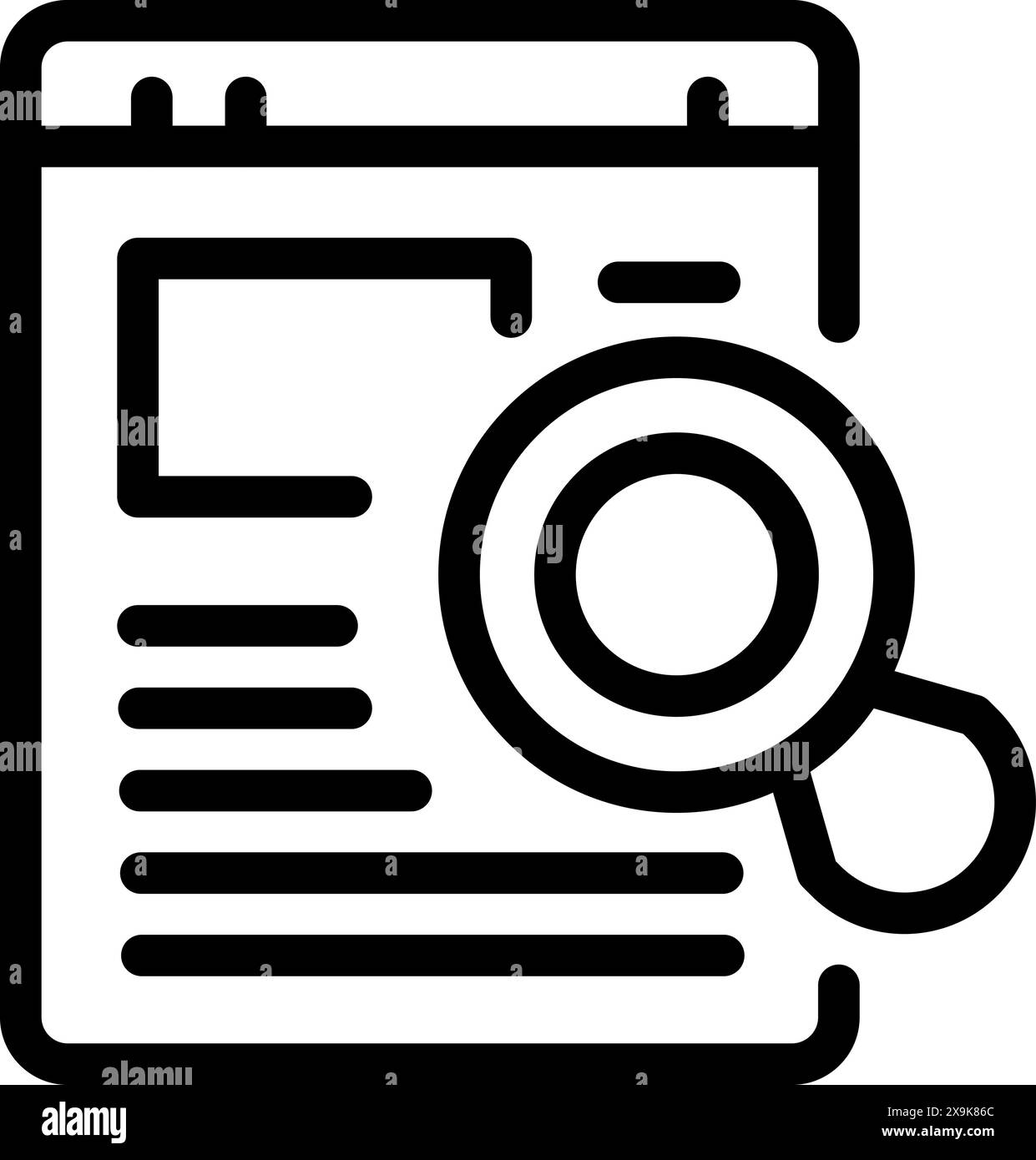 Black and white vector illustration of a magnifying glass inspecting a ...