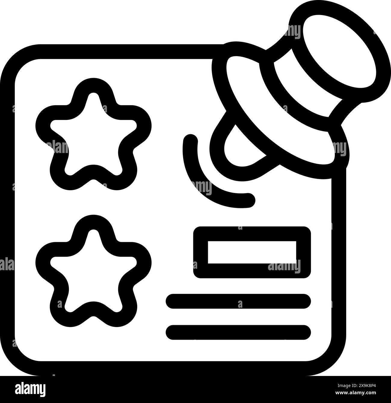 Black and white vector icon showing a push pin and stars on a document ...