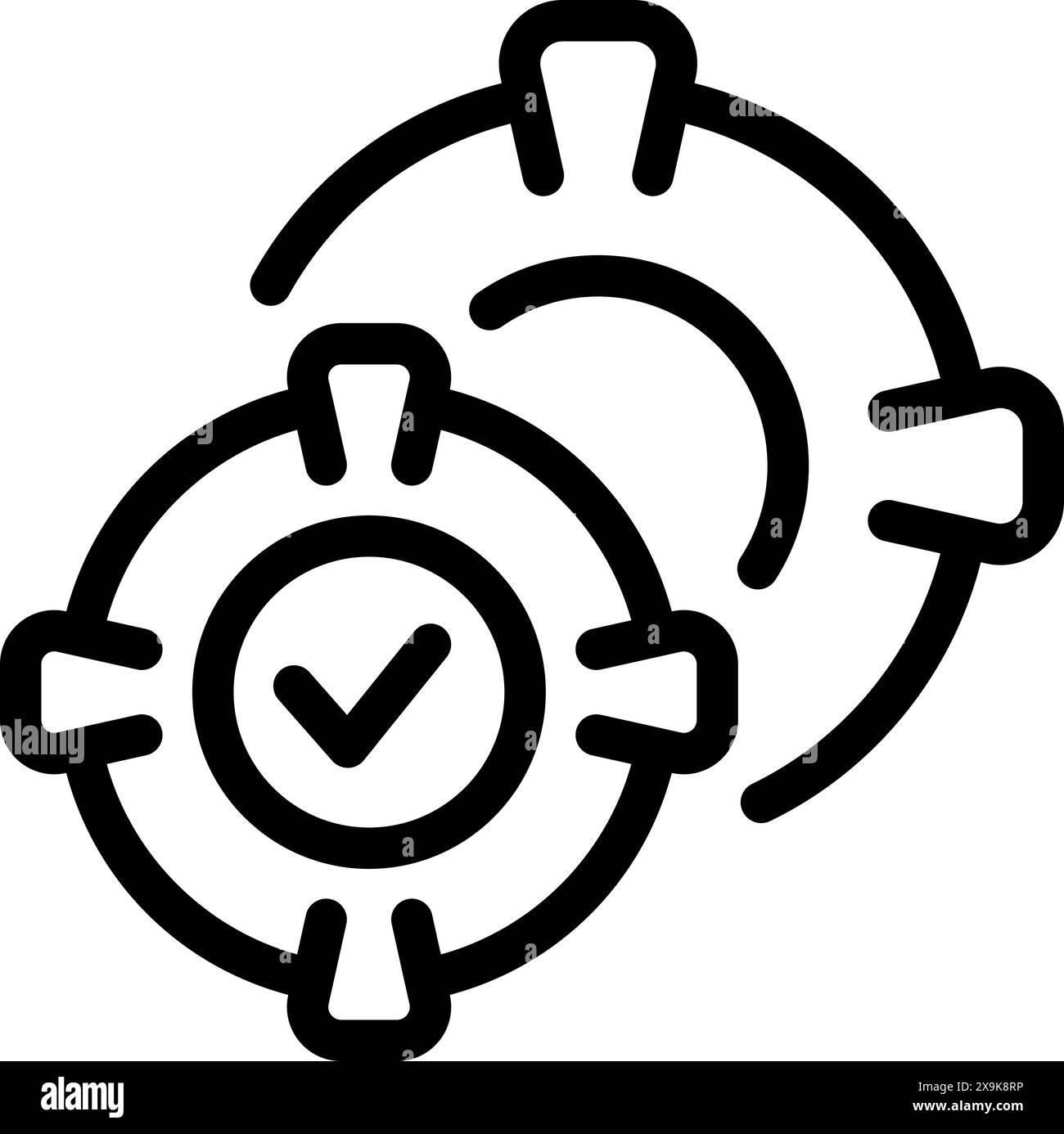 Black line art of two overlapping clocks with a check mark, symbolizing ...