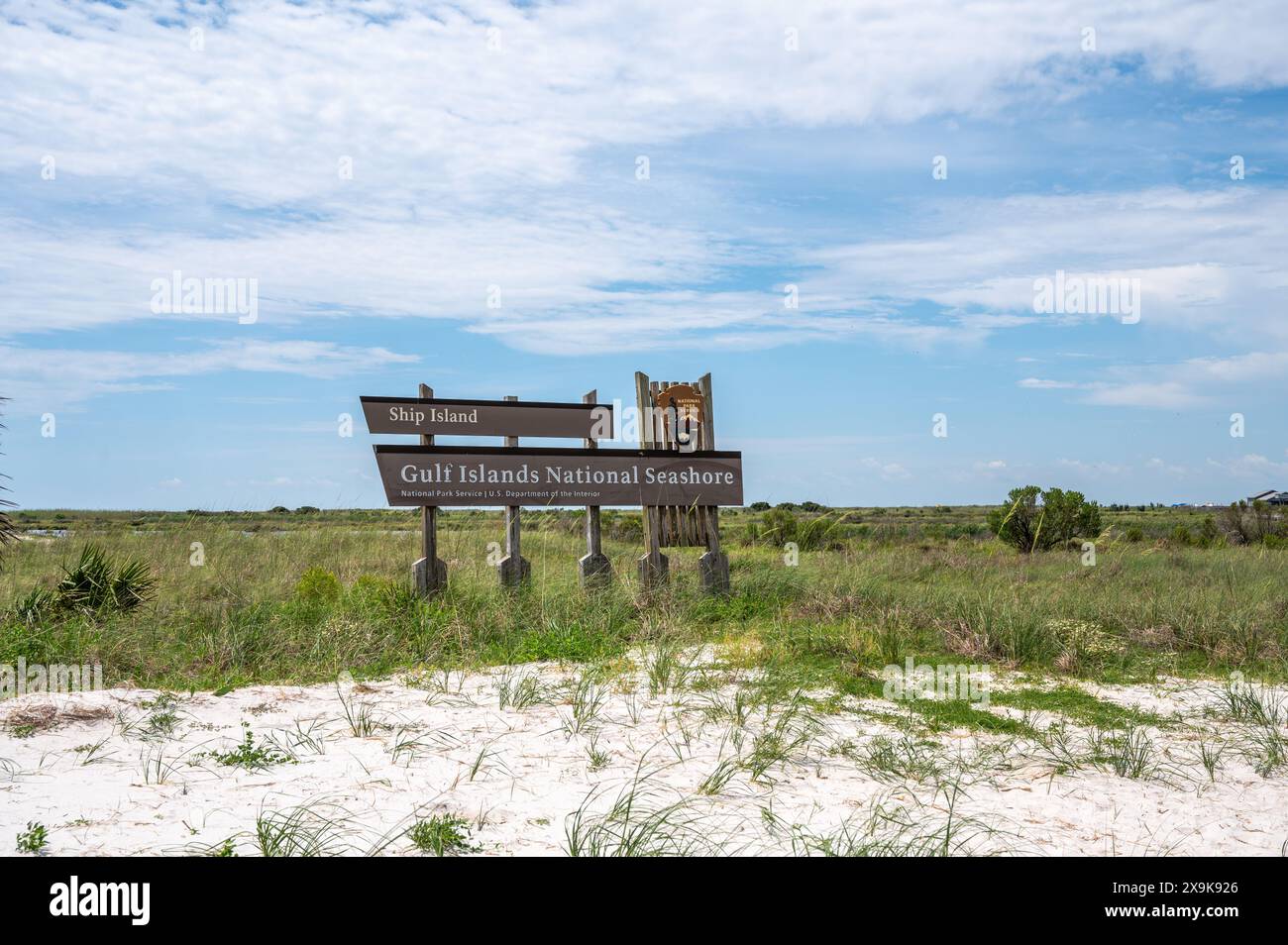 Ship Island, Gulf Islands National Seashore sign in Mississippi, USA ...