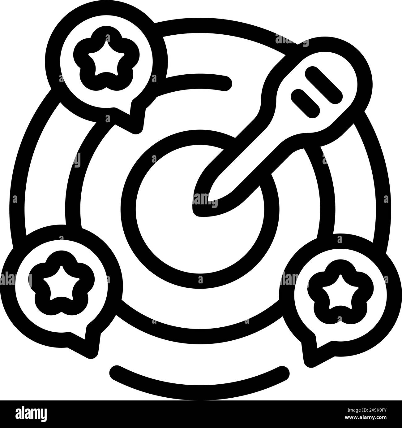 Black and white line art of a bullseye target with dart in center ...