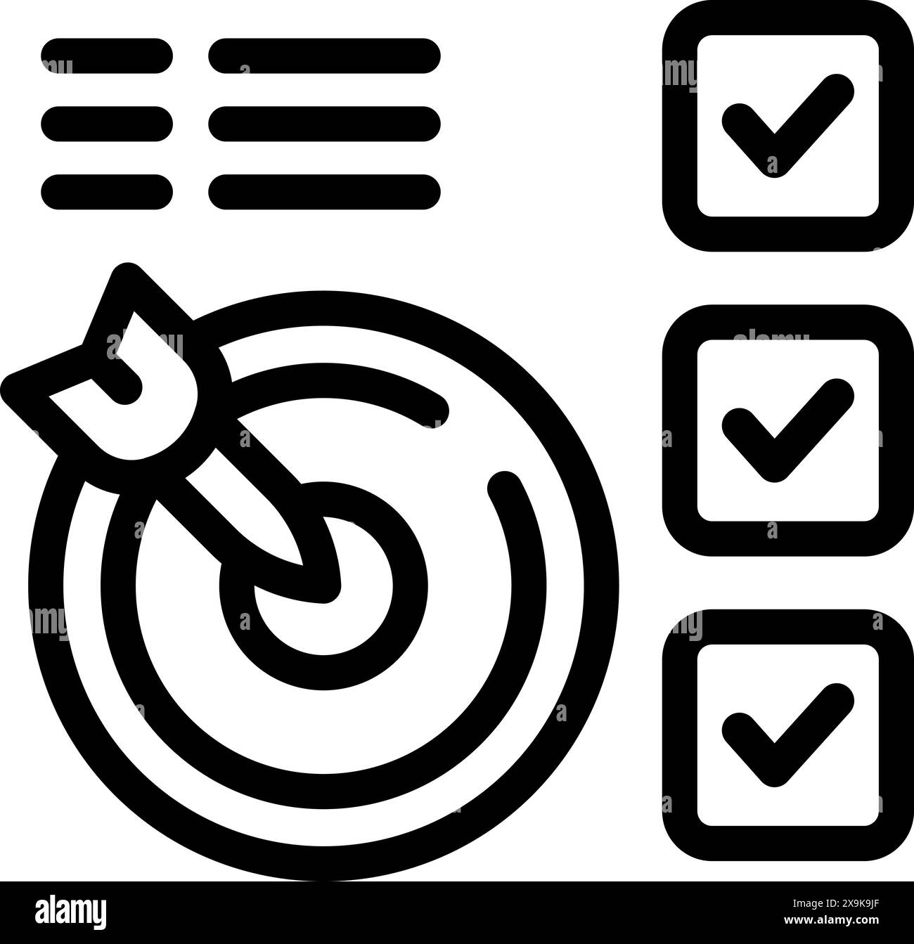 Black and white icon depicting a dart in the center of a target and ...
