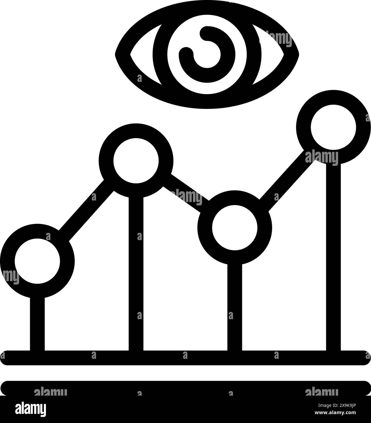 Black and white icon illustrating an eye over an upward trend line ...