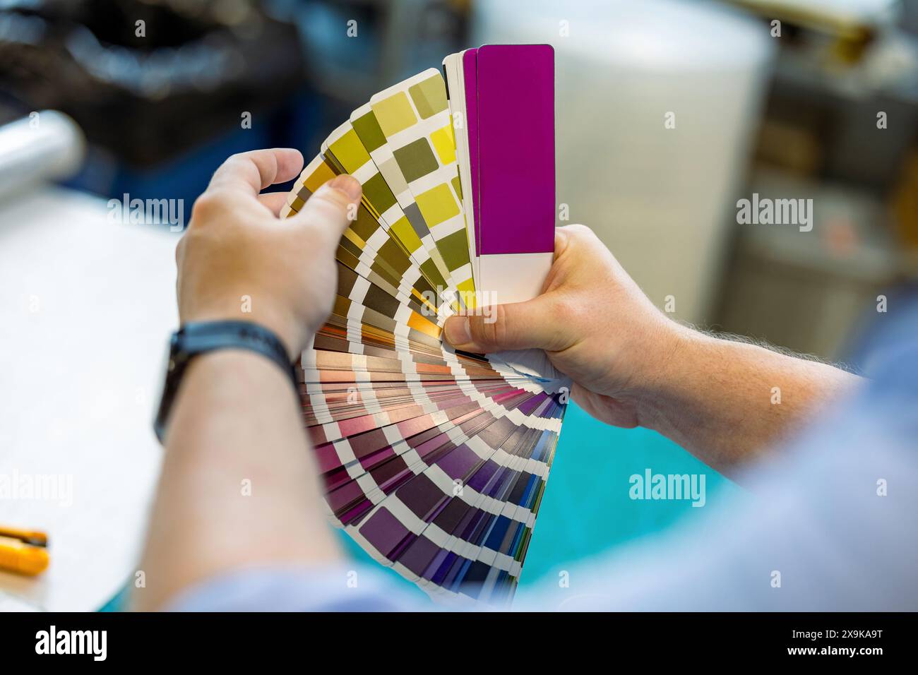 Male hands holding color samples at printing press Stock Photo - Alamy