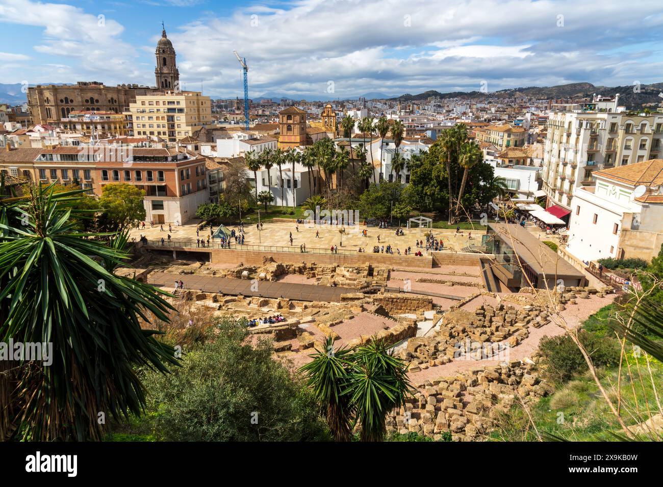 Malaga aerial panoramic skyline view with the Roman Theatre of Málaga ...
