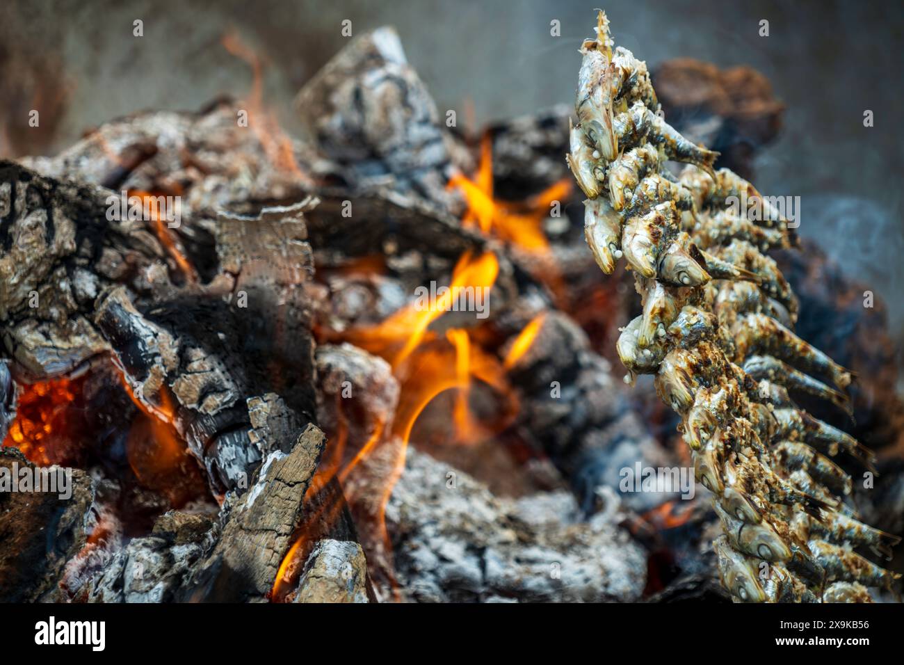 Outdoor barbeque, BBQ grill pit with fresh fish, sardines. Orange and ...