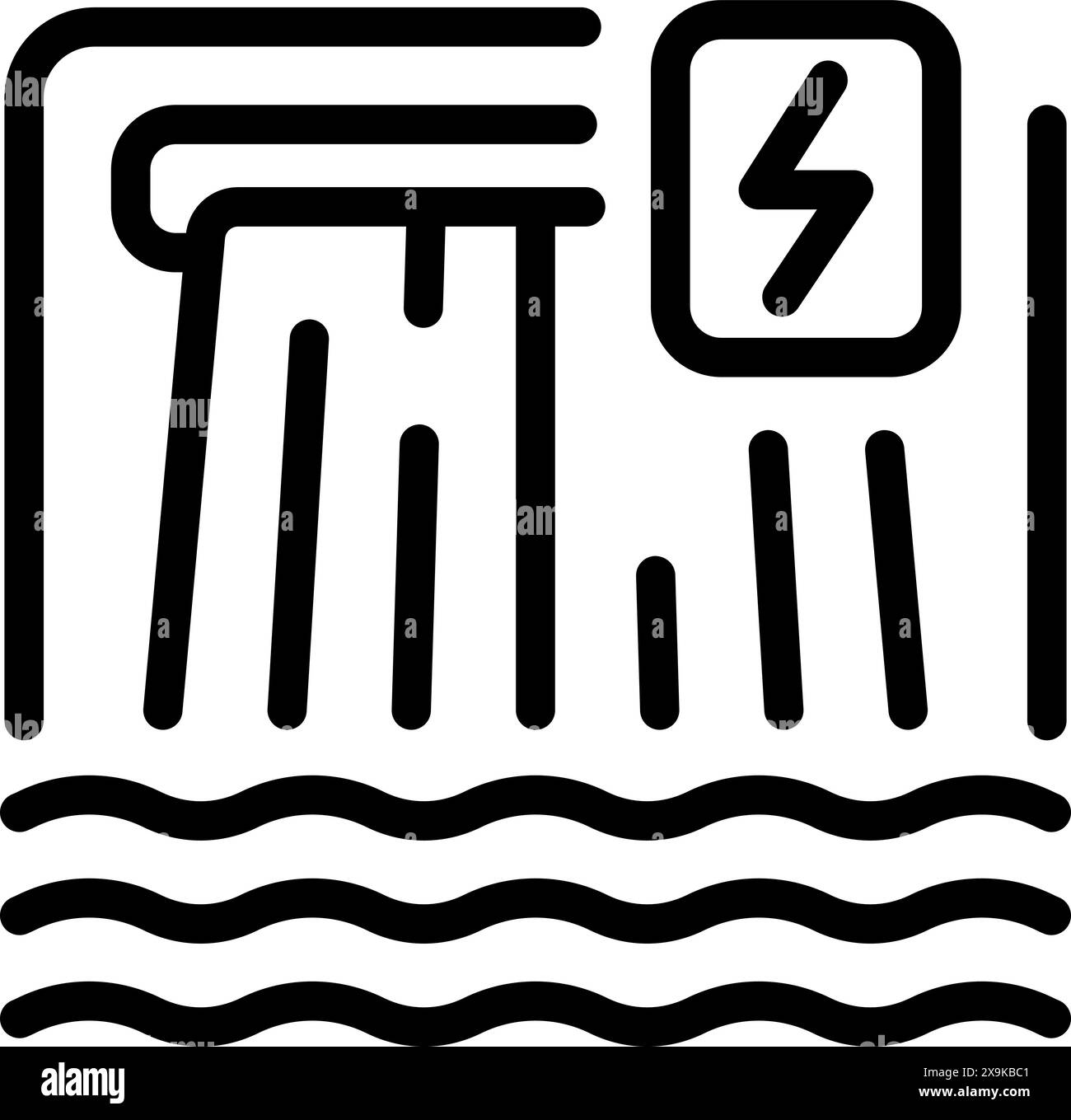 Simplified black line icon of a hydroelectric dam illustrating ...