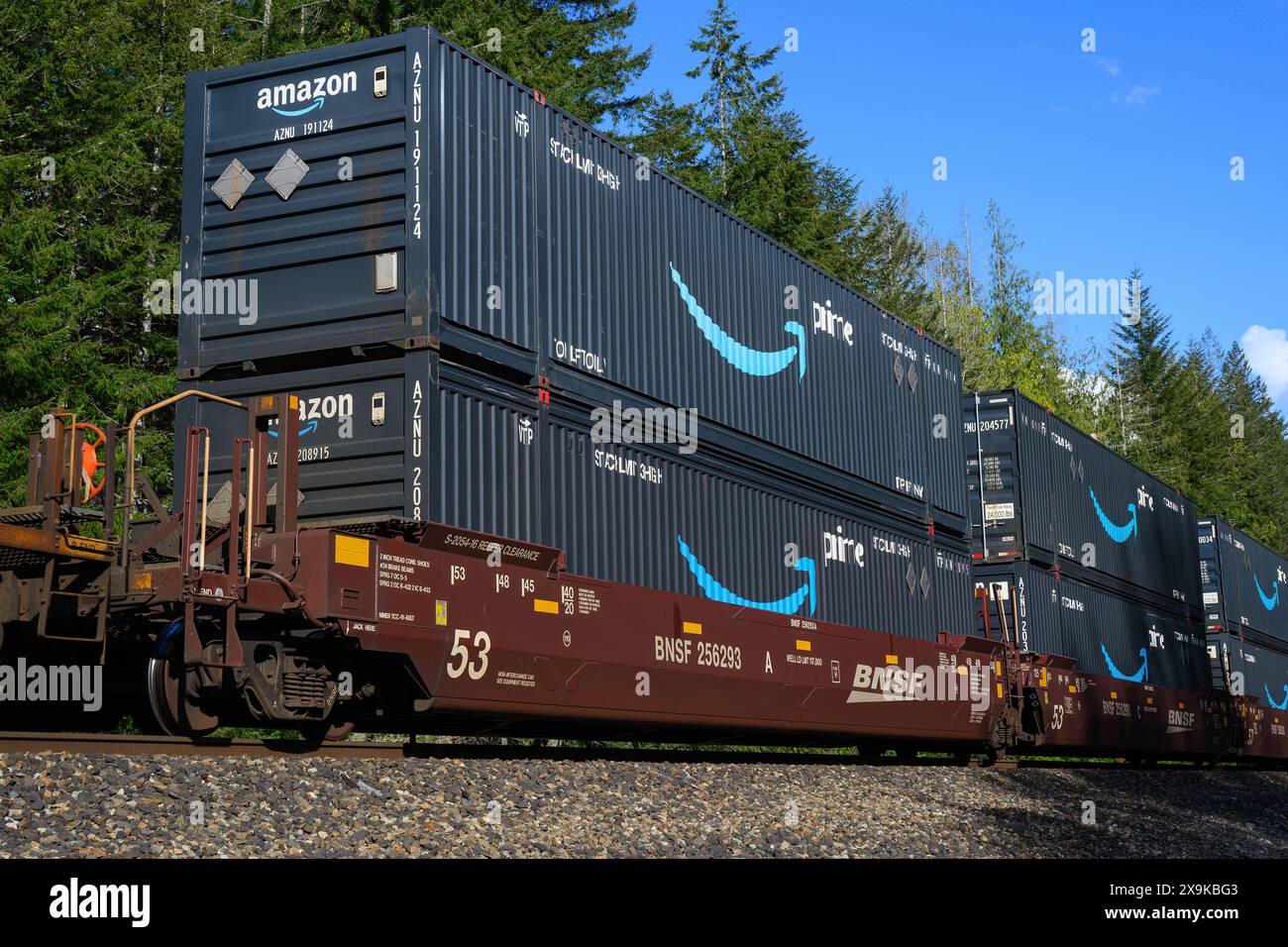 Skykomish, WA, USA - May 1, 2024; Amazon Prime intermodal container ...