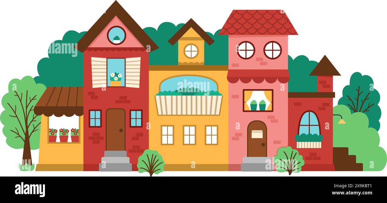 Vector beautiful house surrounded by garden. Residential building line ...