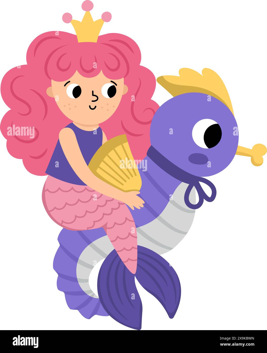 Fairy tale vector pink haired mermaid riding seahorse. Fantasy girl ...