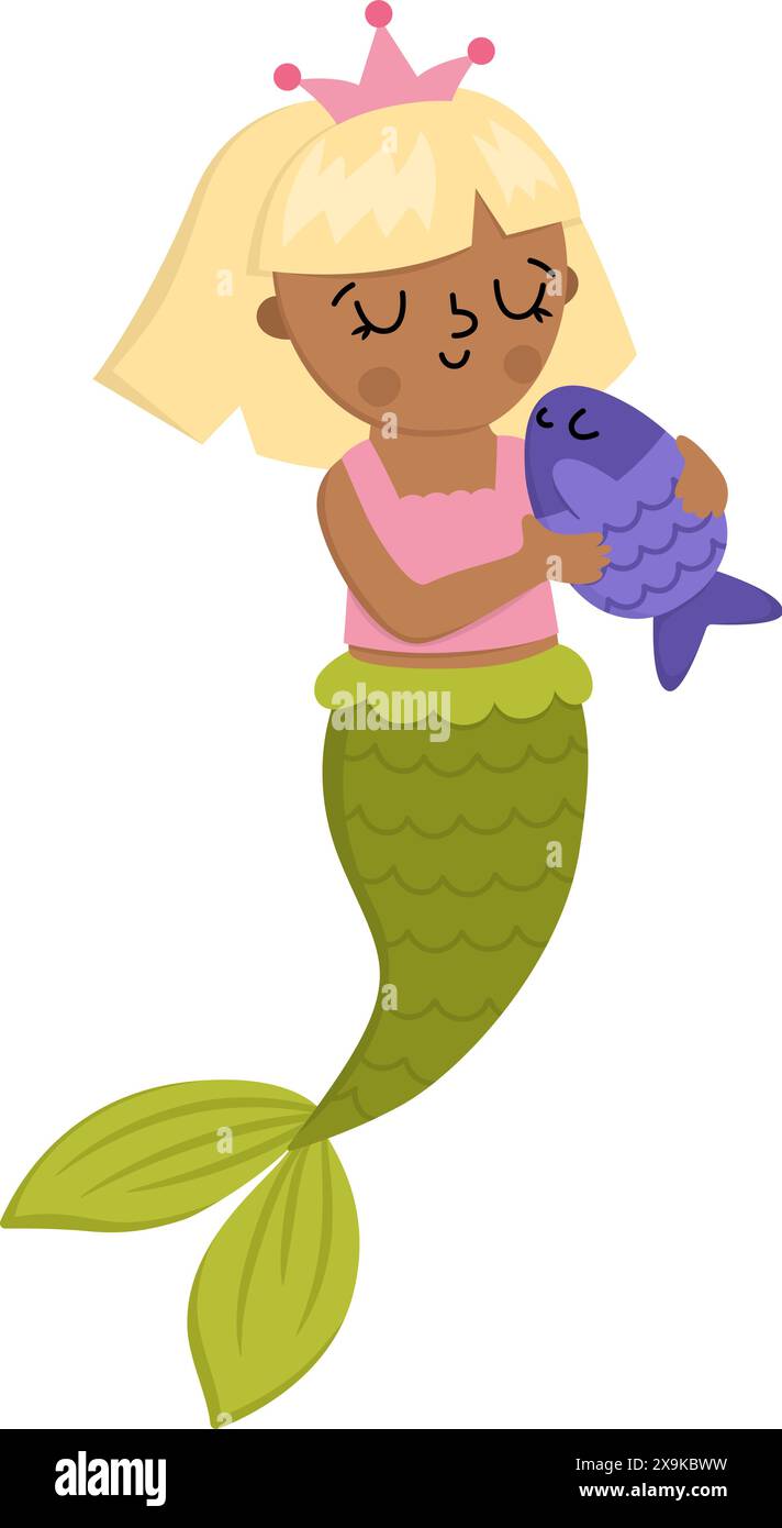 Fairy tale vector blond mermaid hugging pet fish. Fantasy girl isolated ...