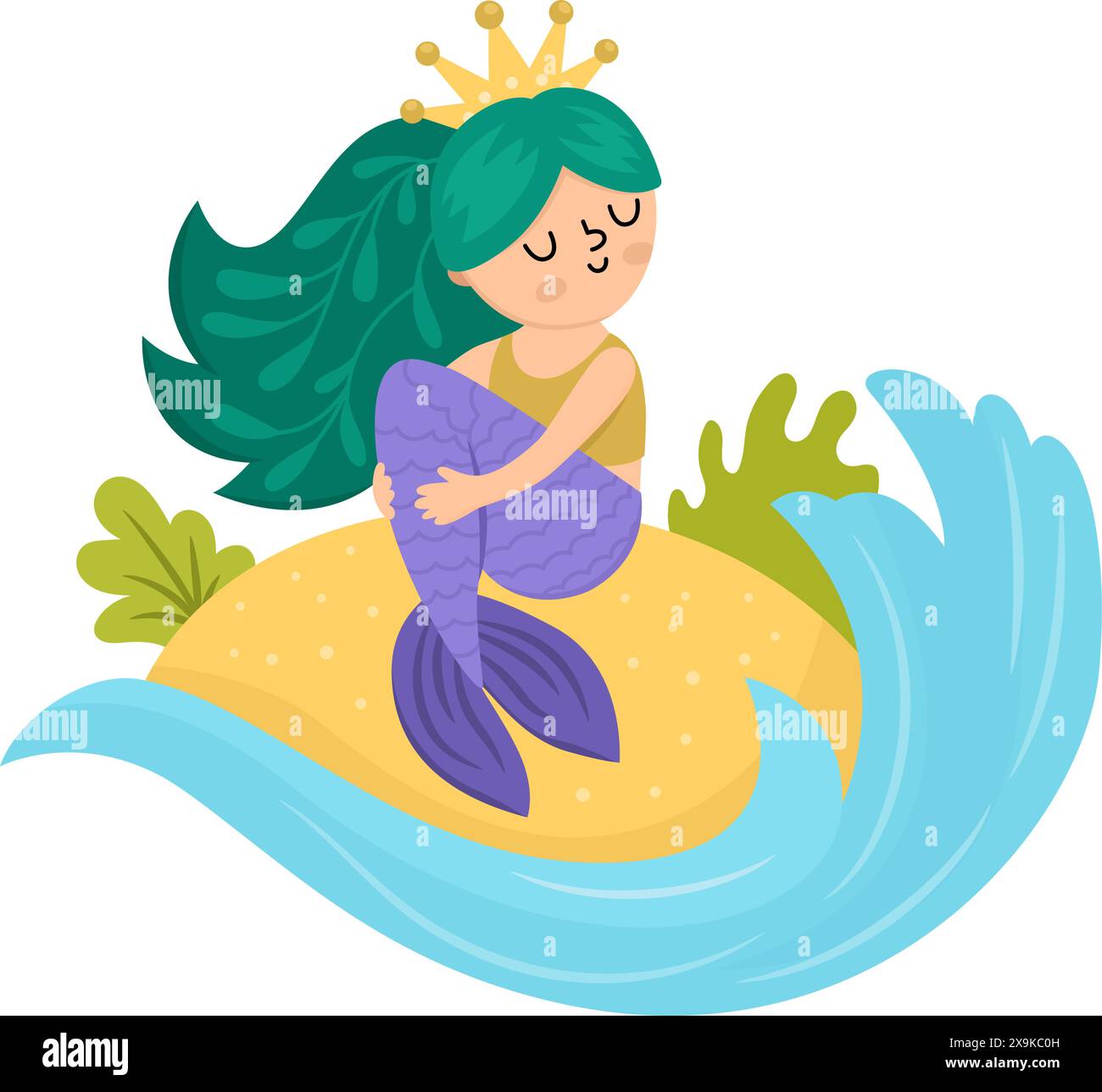 Fairy tale vector mermaid sitting on a sand, lapped by water wave ...