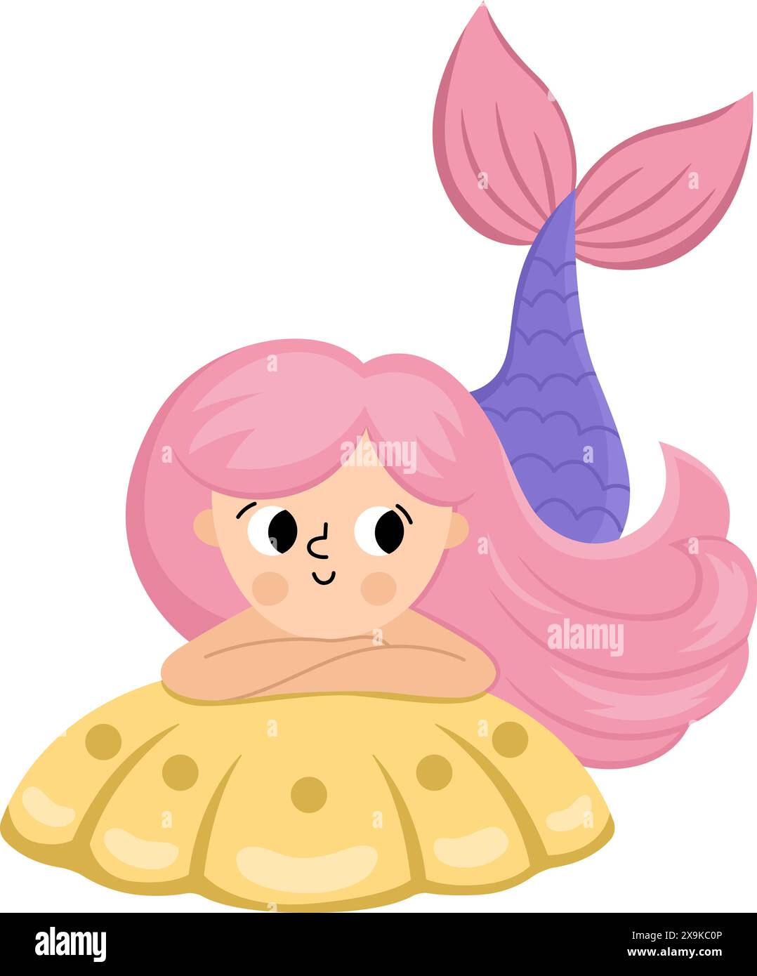 Fairy tale vector mermaid with pink hair, folded hands on big seashell ...