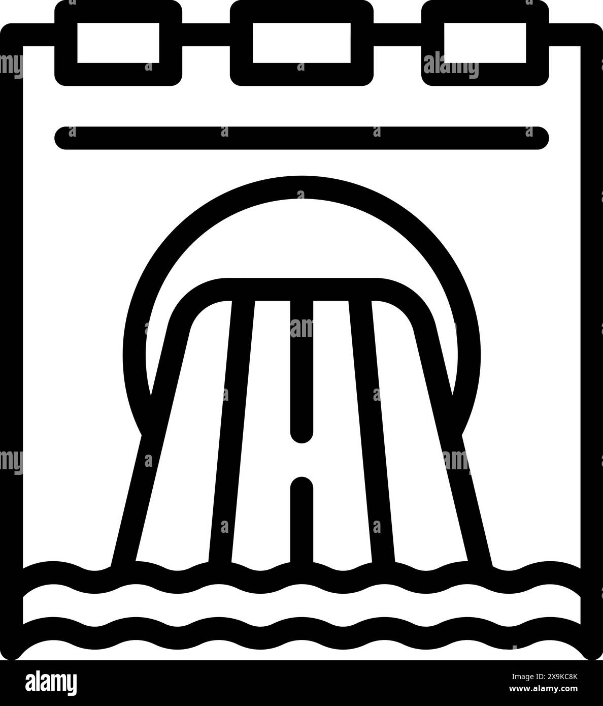 Simplified icon of a hydroelectric dam in a bold black and white ...