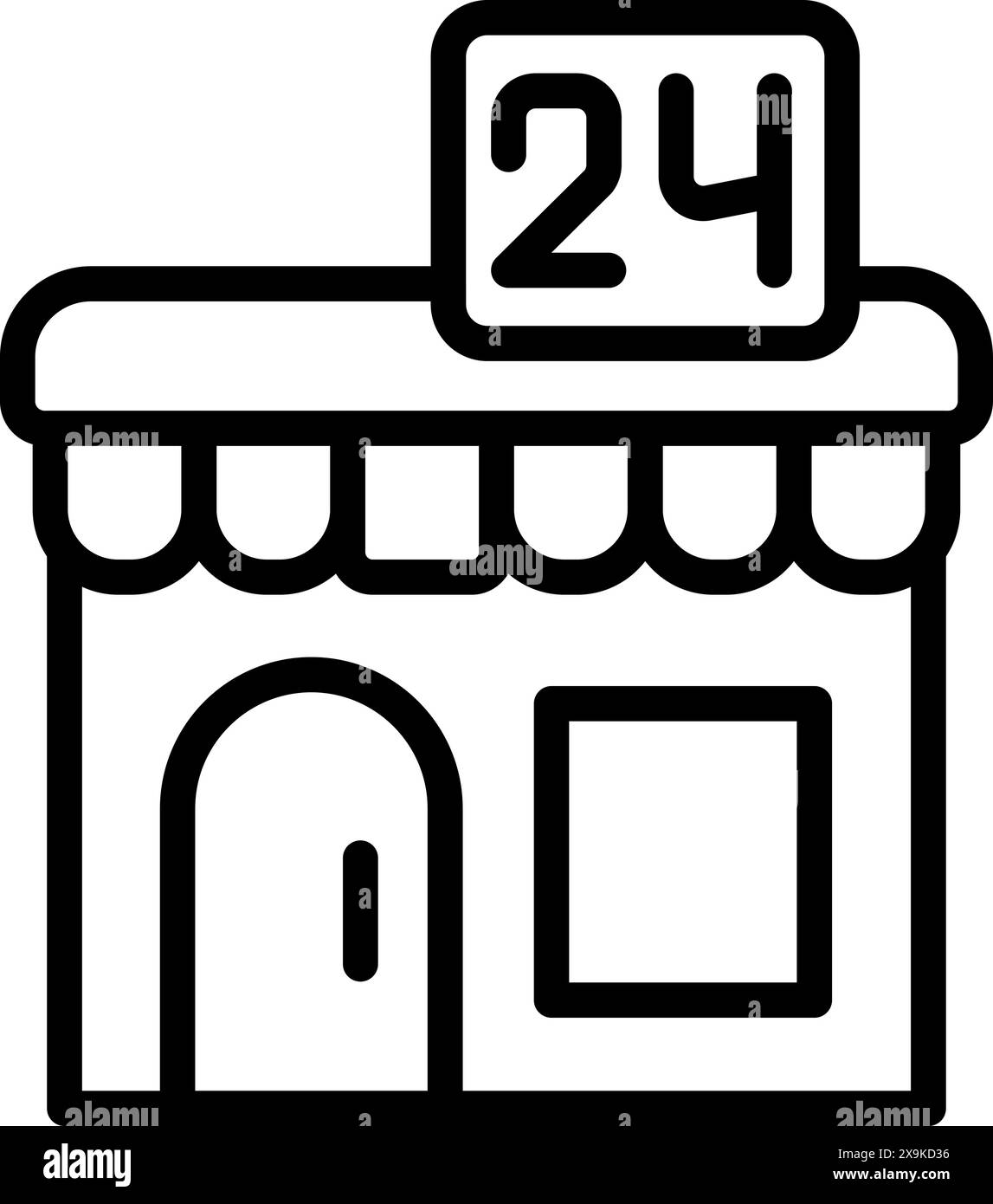 Black and white line art icon of a 24hour convenience store with a ...