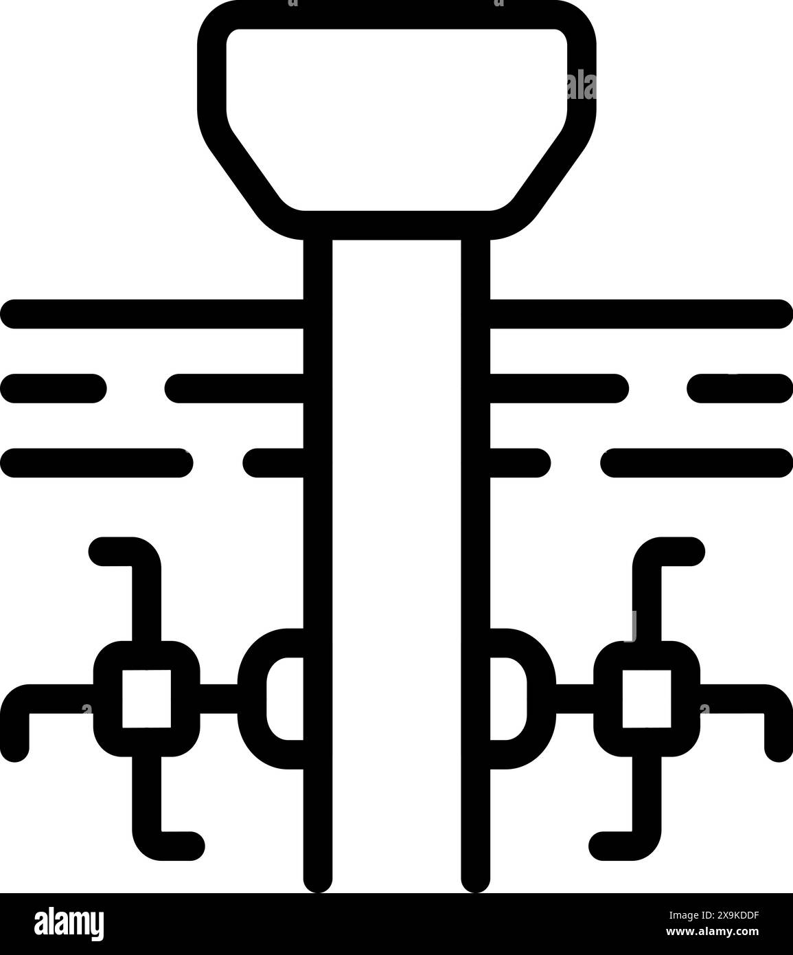 Black and white line art of a vertical pipeline with three manual ...