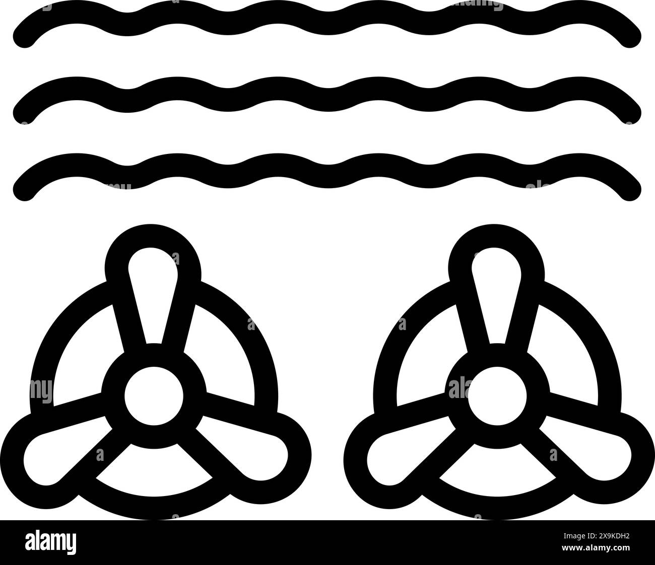 Simple black and white vector illustration of two propellers and water ...