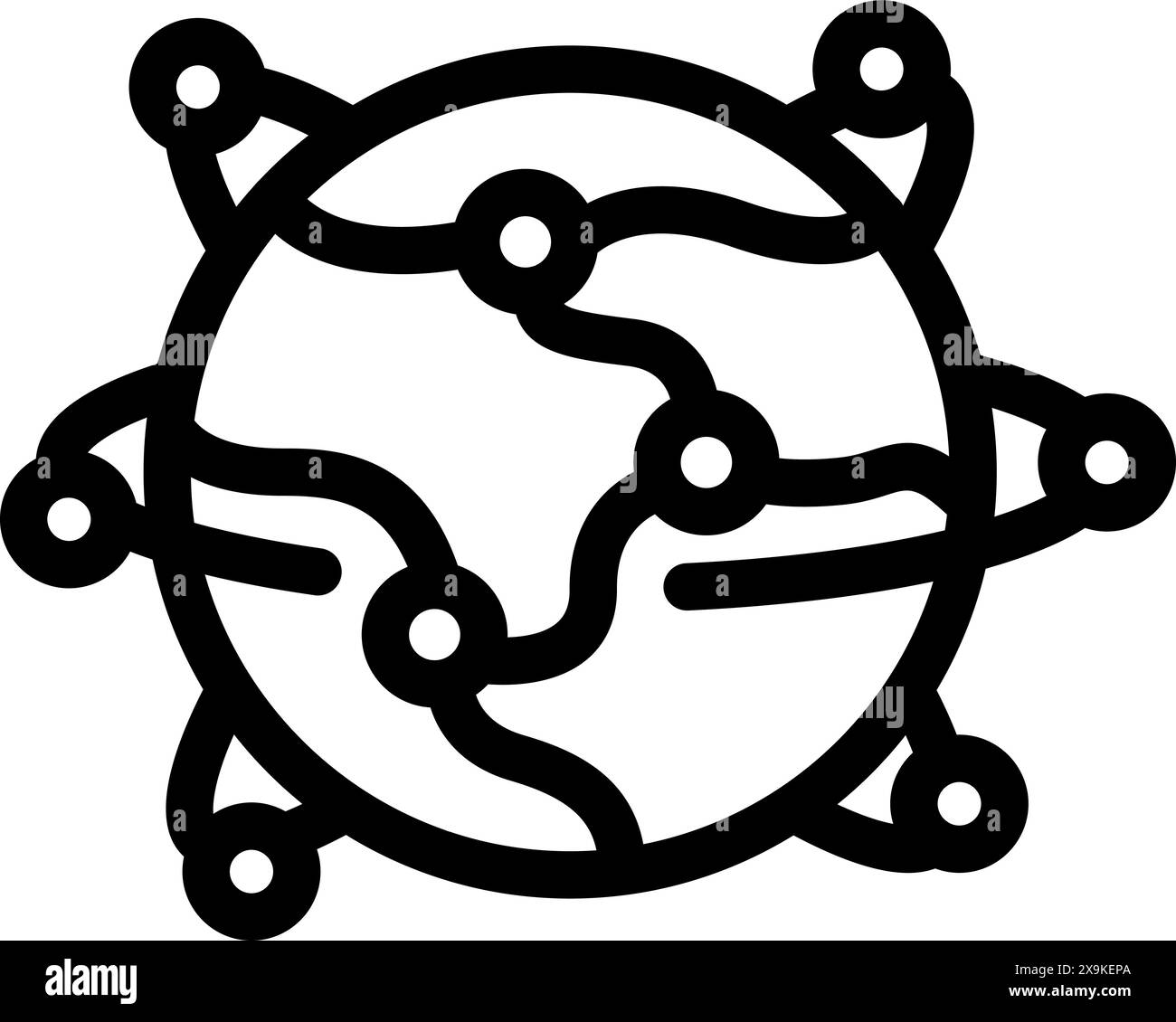 Bold black and white graphic of a stylized global network, representing ...