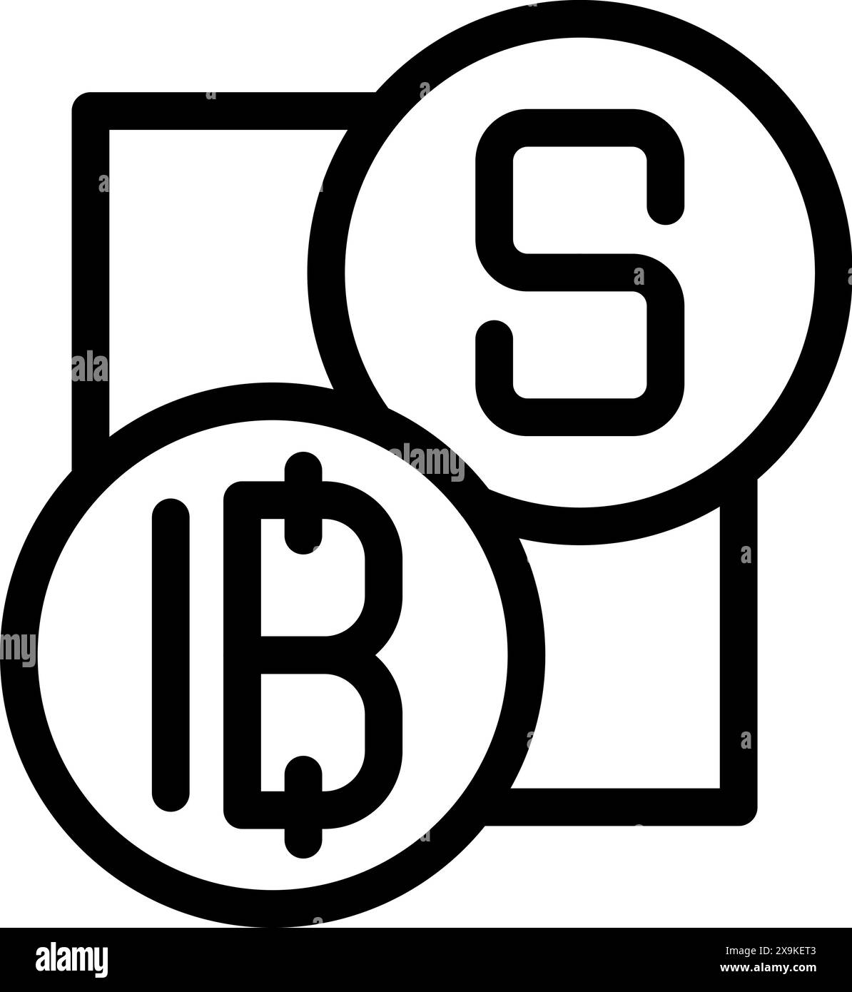 Black and white illustration depicting symbols for bitcoin and the usd ...