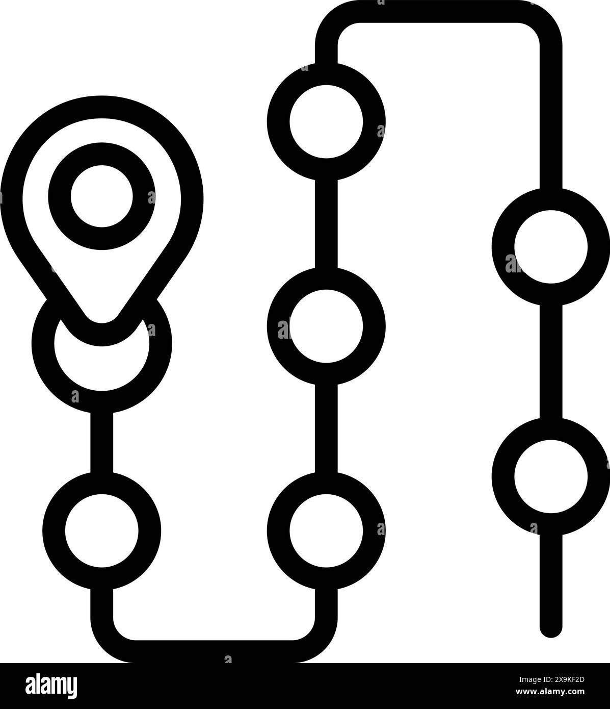 Black and white illustration of a stylized route with location pins ...