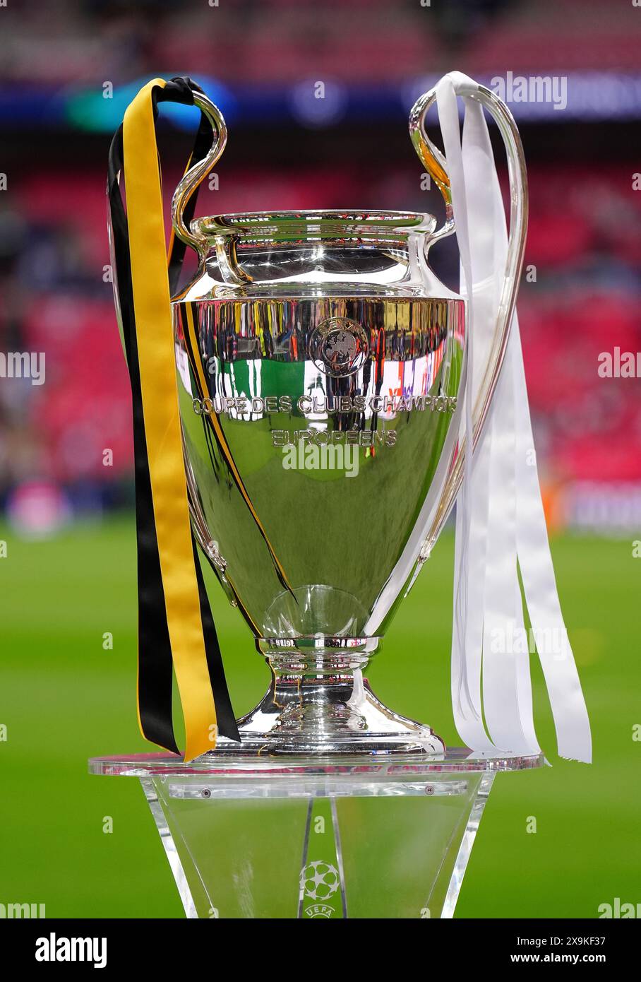 The UEFA Champions League trophy on display inside Wembley Stadium ...