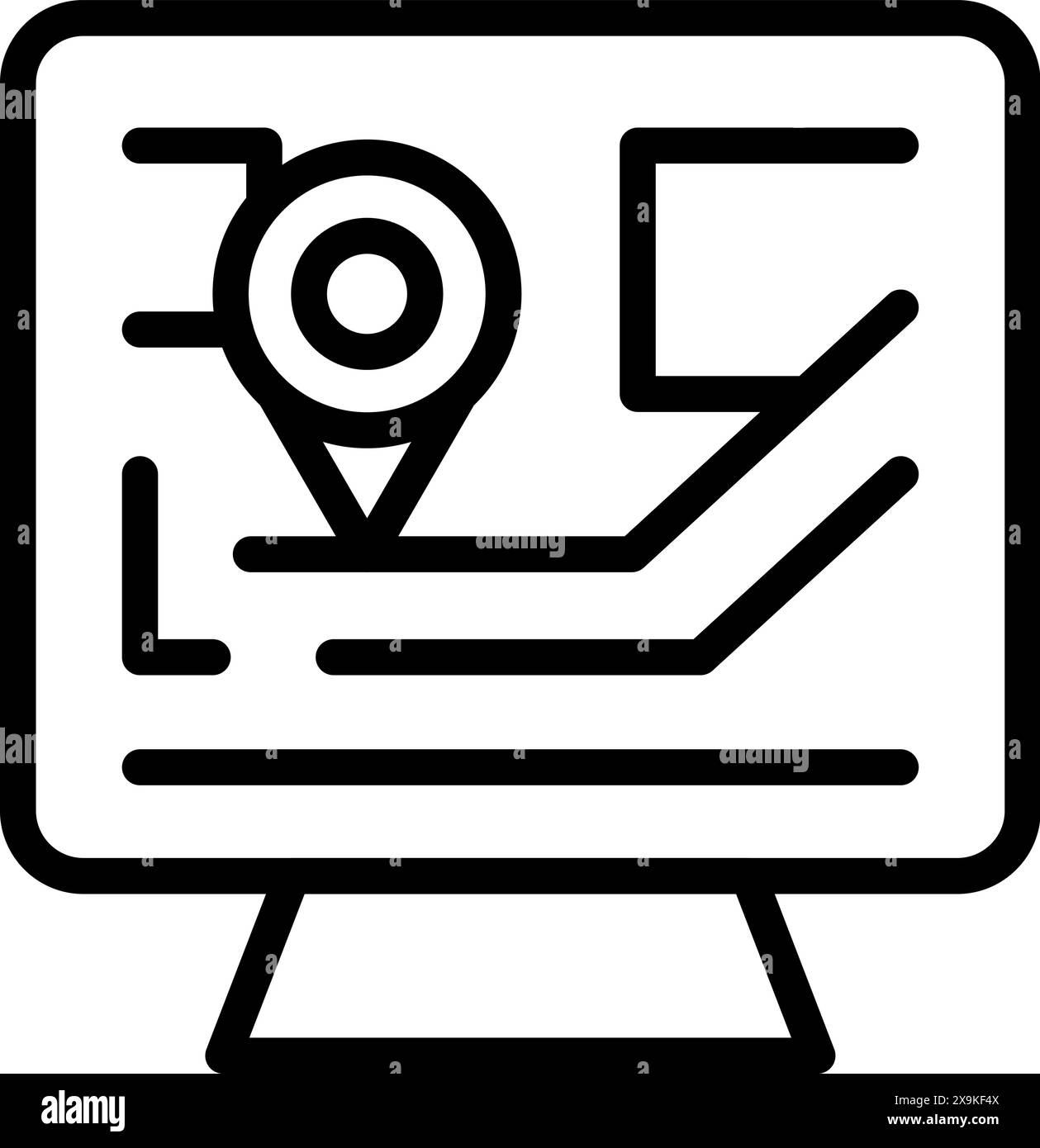Black and white line art of a gps map marker on a computer monitor, symbolizing digital ...