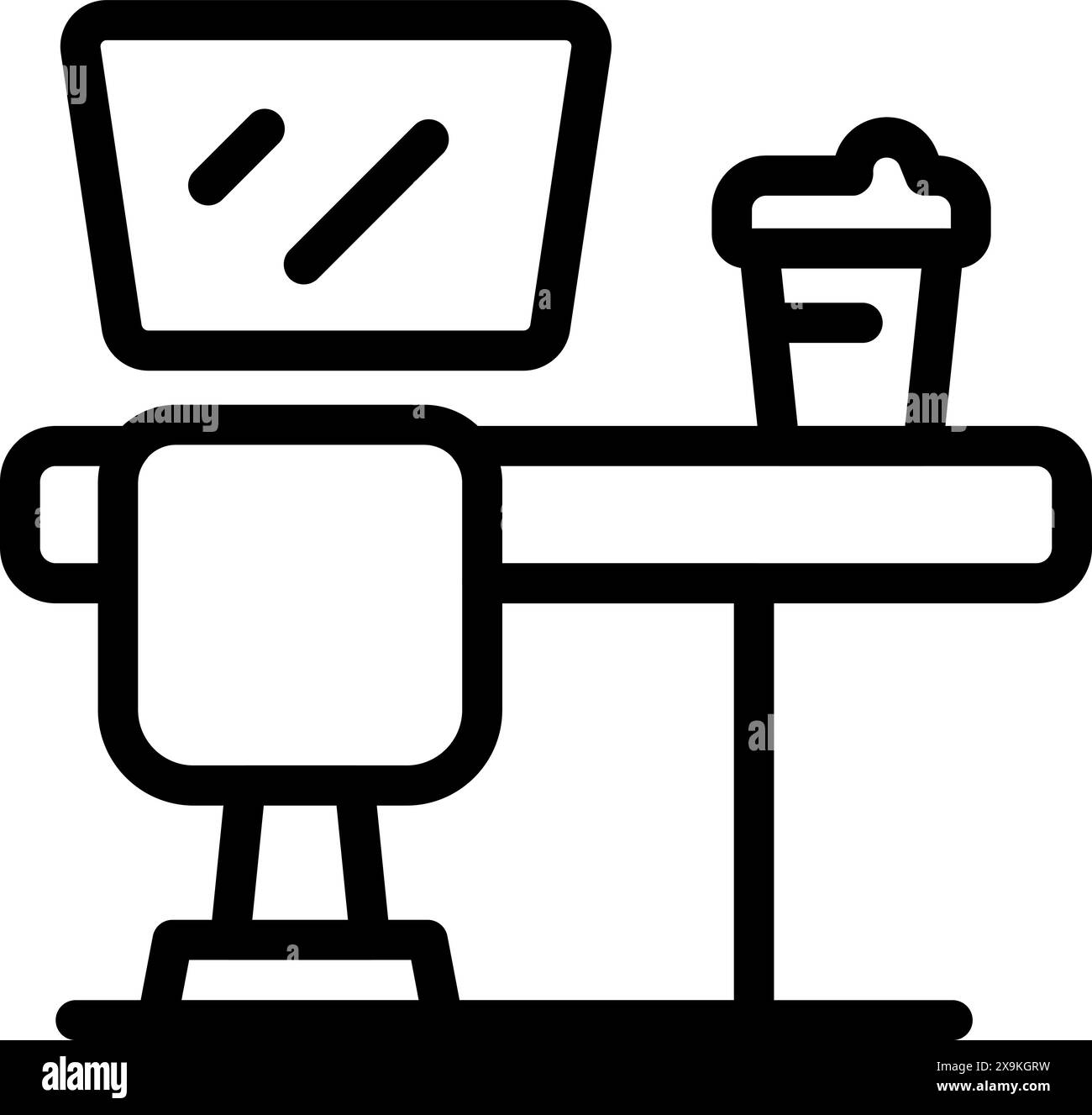 Line art icon showing a desk with a computer monitor and a coffee cup ...