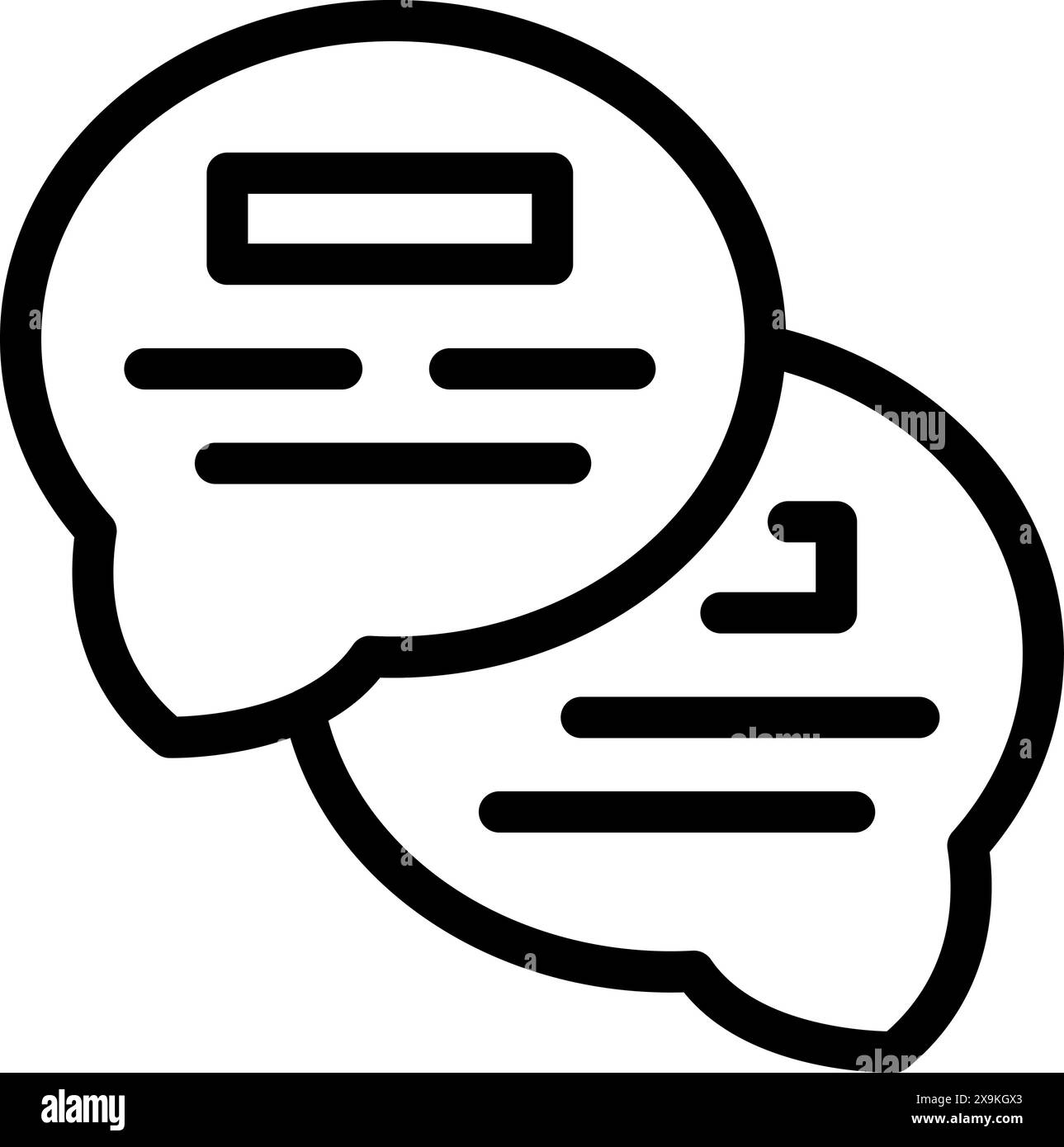 Black line illustration of two overlapping chat bubbles, symbolizing communication or messaging ...