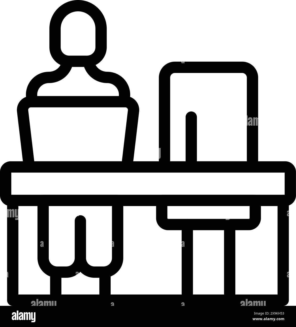 Vector illustration of a modern office worker sitting at a desk with a ...