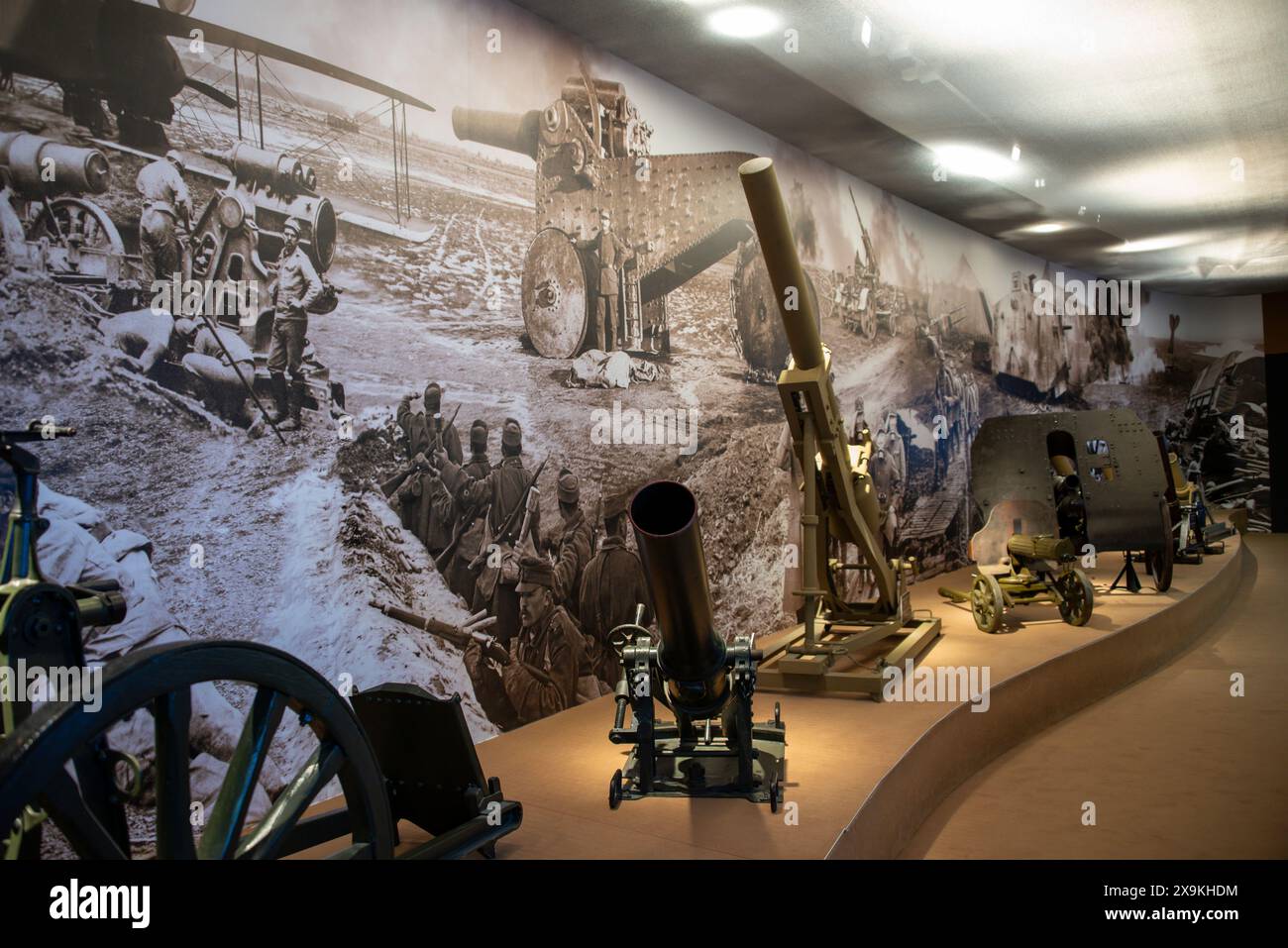Budapest museum interior exhibit, historical military, war and history museum gallery with old ...
