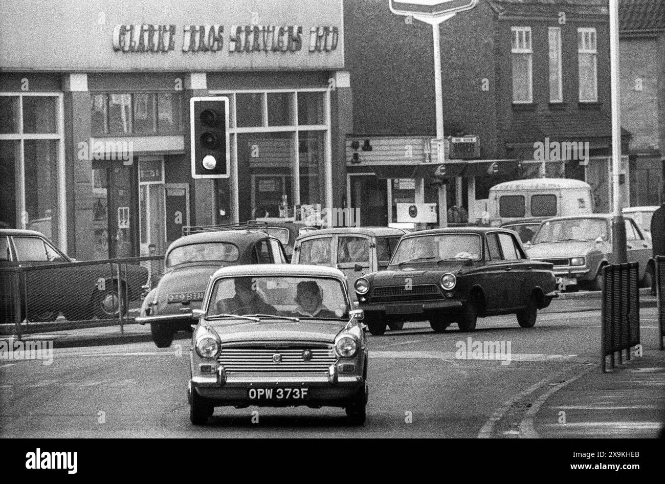 Early 1970s black & white archive photograph of traffic approaching the ...