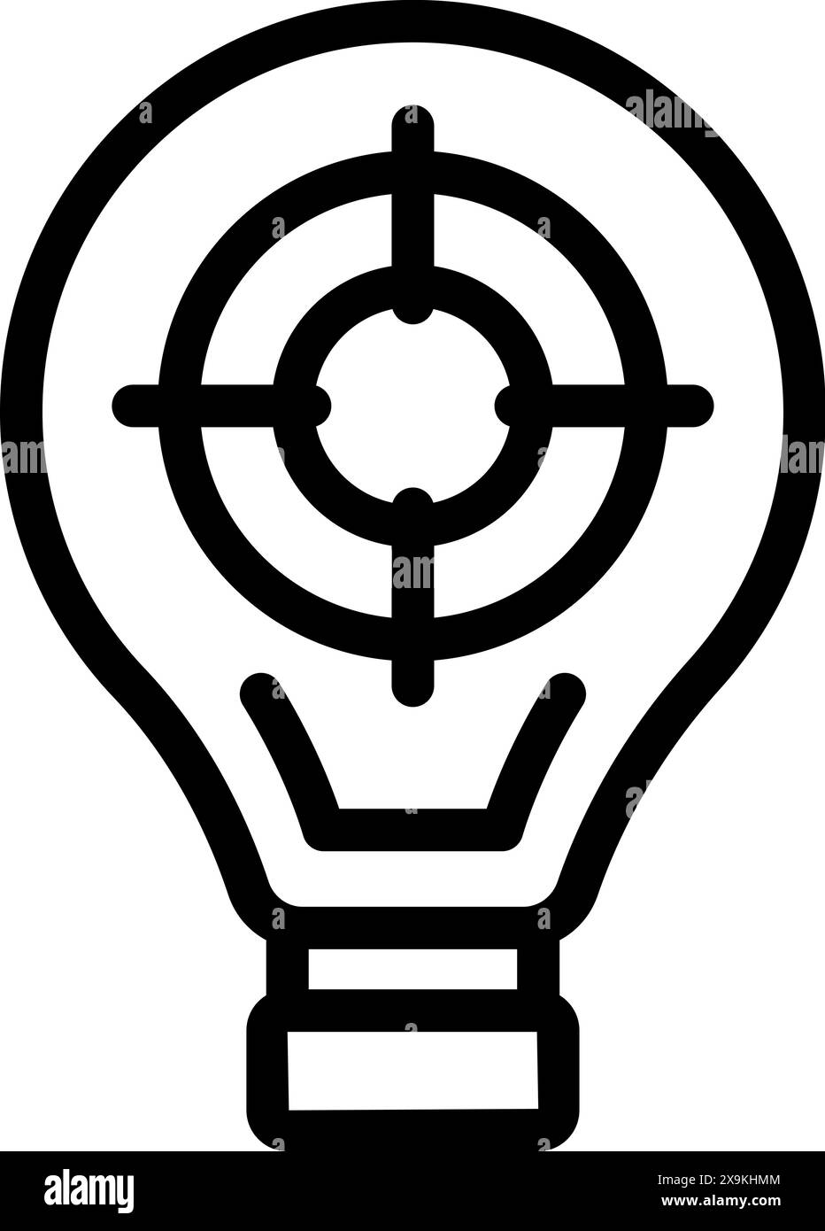 Simple black line icon illustrating a light bulb with a target sign on ...