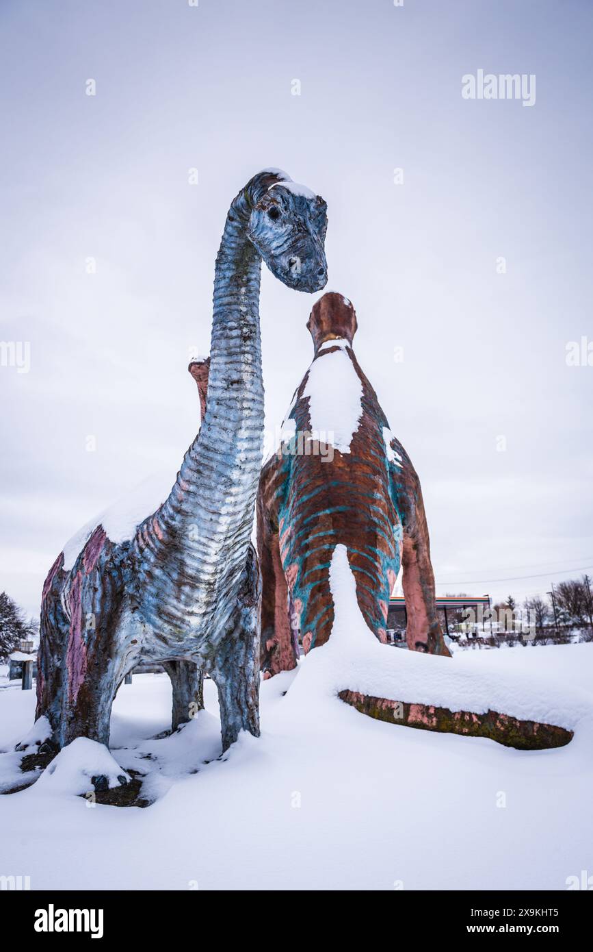 Lifesize T-rex statue covered in snow at Dinosaur Land in White Post ...