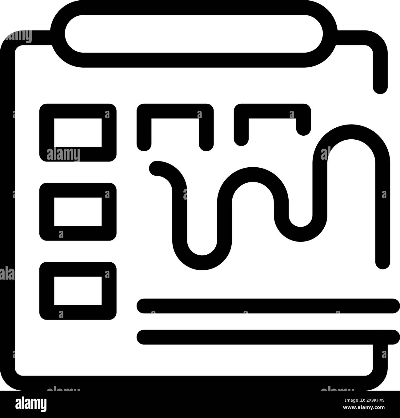 Black and white icon illustrating a checklist with wavy lines ...