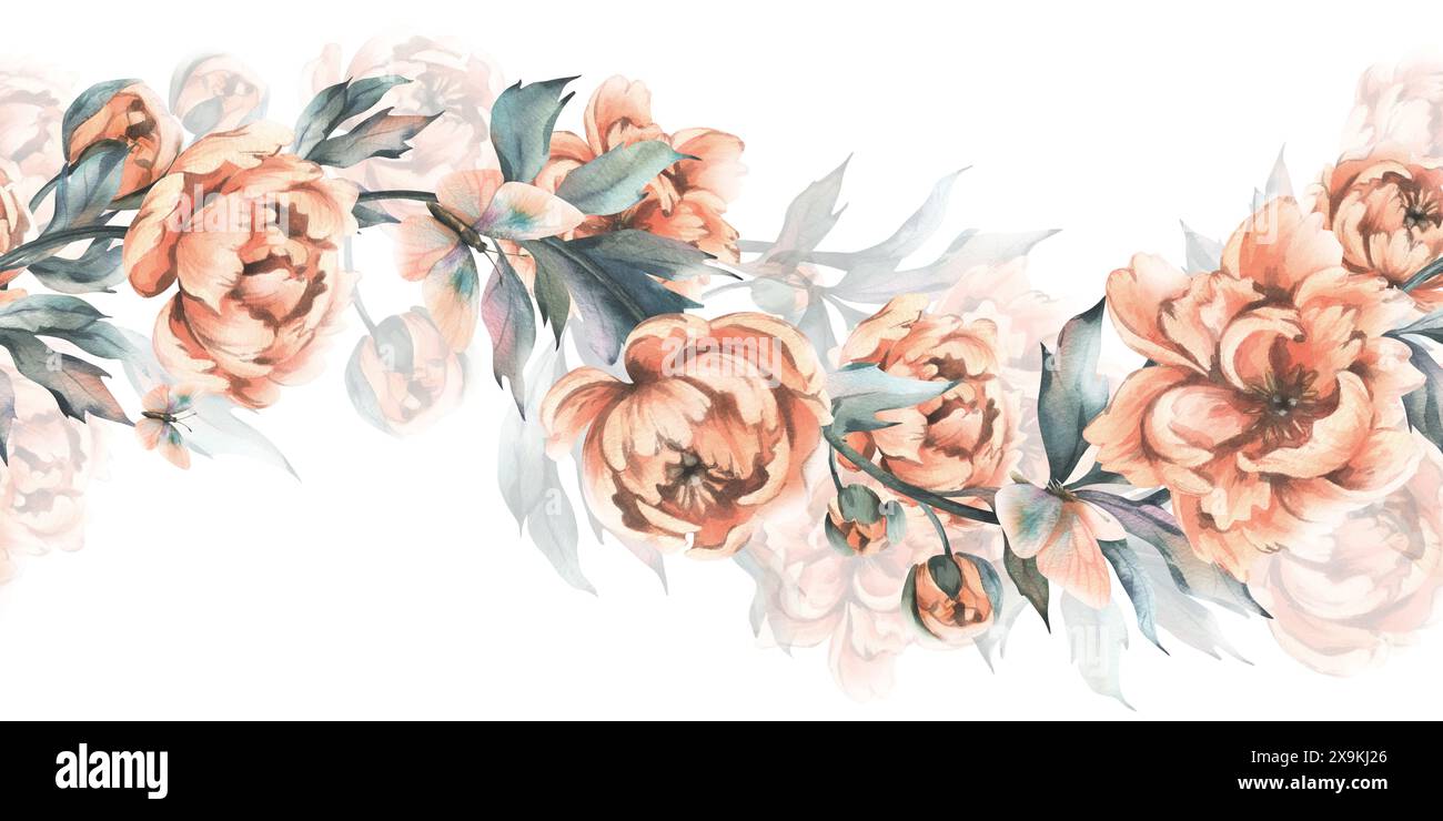 Beautiful peonies in peach fuzz color with leaves, buds and flying ...