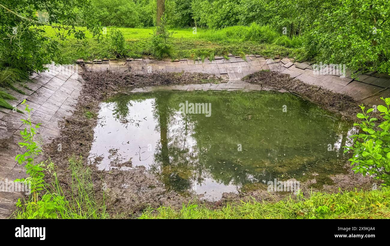 Fire pond in a village cleaned in the spring before the summer season ...