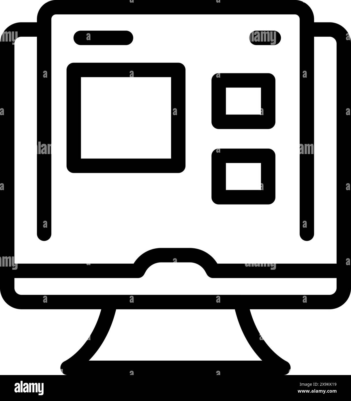 Black line icon representing a computer monitor with layout grids, commonly used in graphic ...