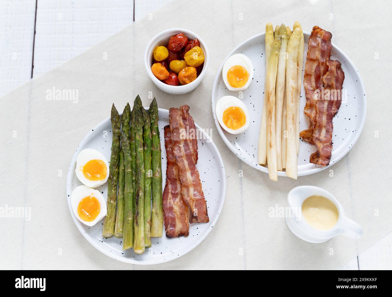 Green and white asparagus served with boiled eggs, bacon. Asparagus ...