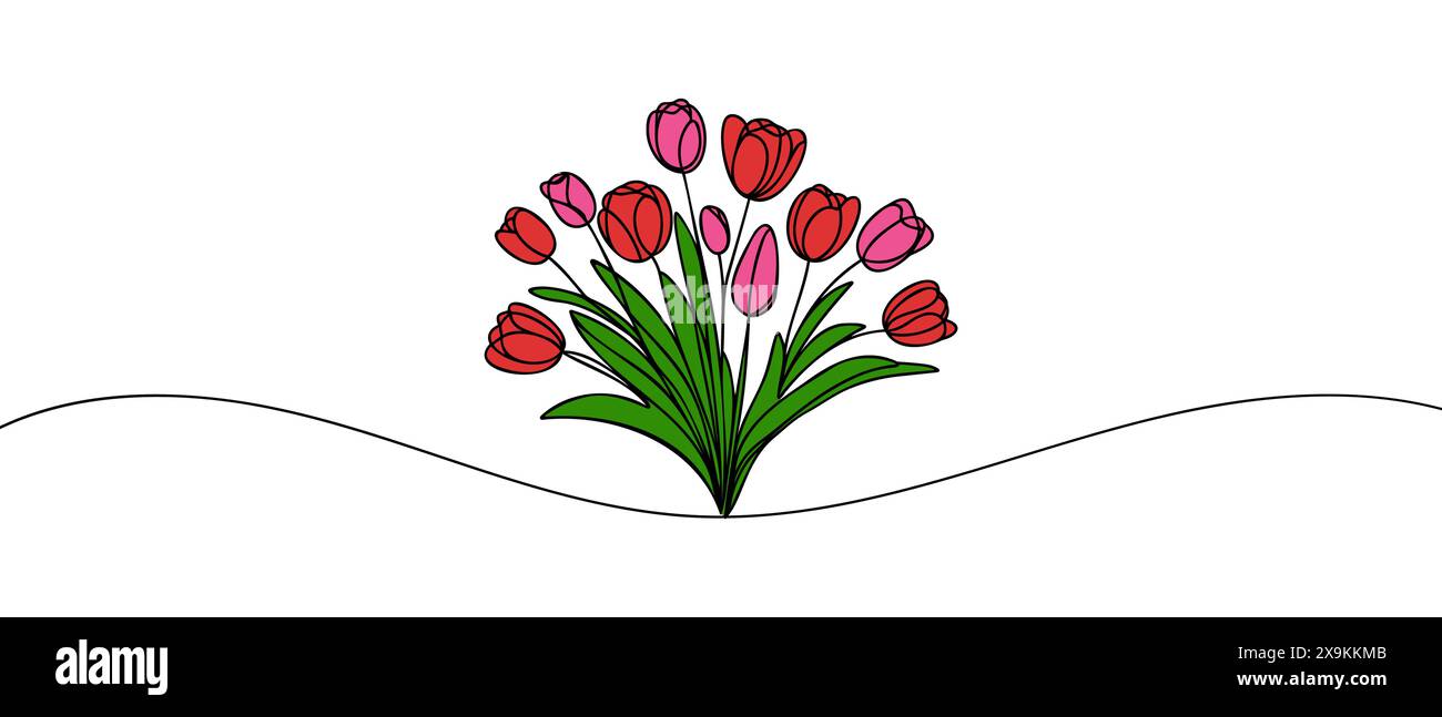 Continuous one line drawing tulips. Spring flowers concept. Single line ...