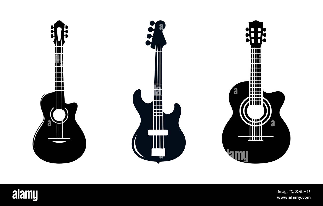 A set of black guitar silhouettes. Vector guitars on white background ...