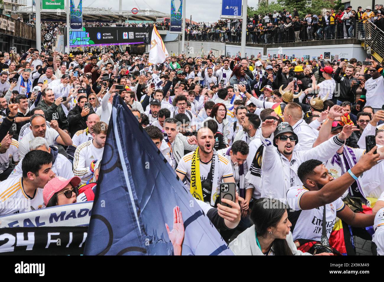 London, UK. 01st June, 2024. A group of Real Madrid fans with scarves ...
