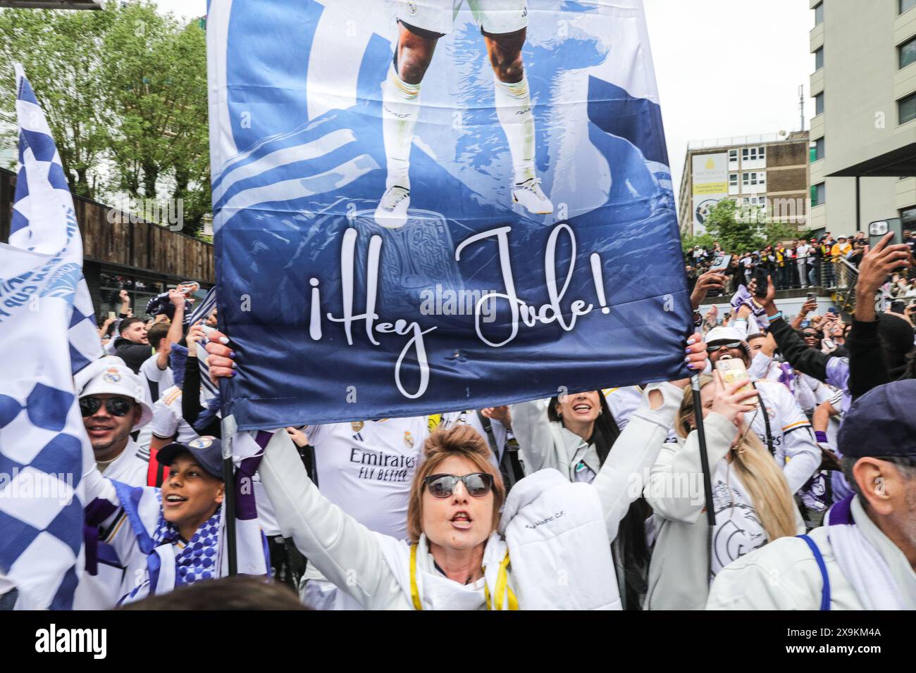 London, UK. 01st June, 2024. A group of Real Madrid fans with scarves ...